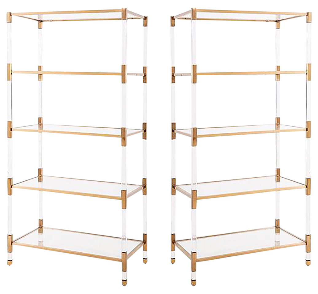 Set of Maelie Lucite Acrylic & Gold Etagere Bookcases with Glass ...