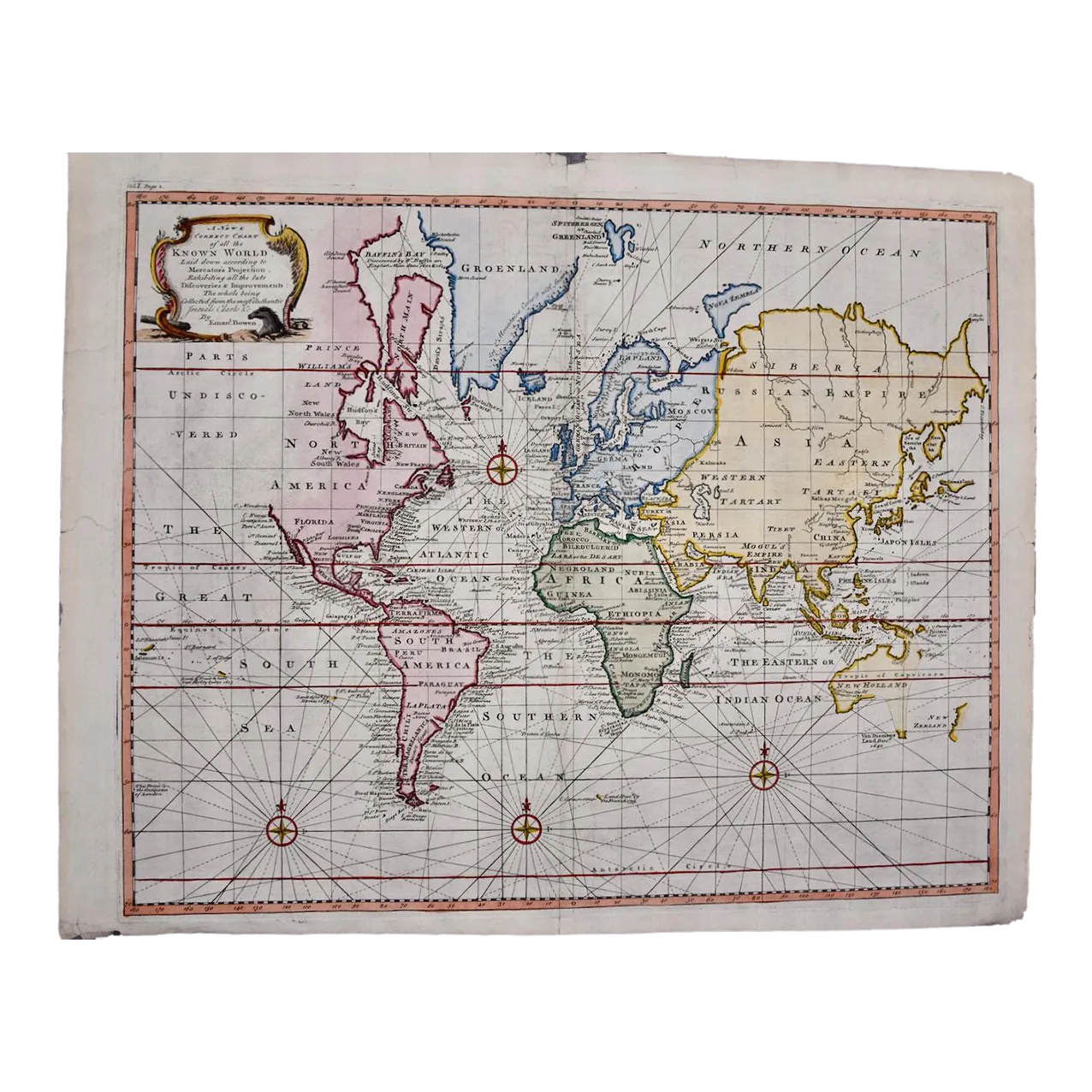 Map of the World: An Original 18th Century Hand-Colored Map by E. Bowen ...
