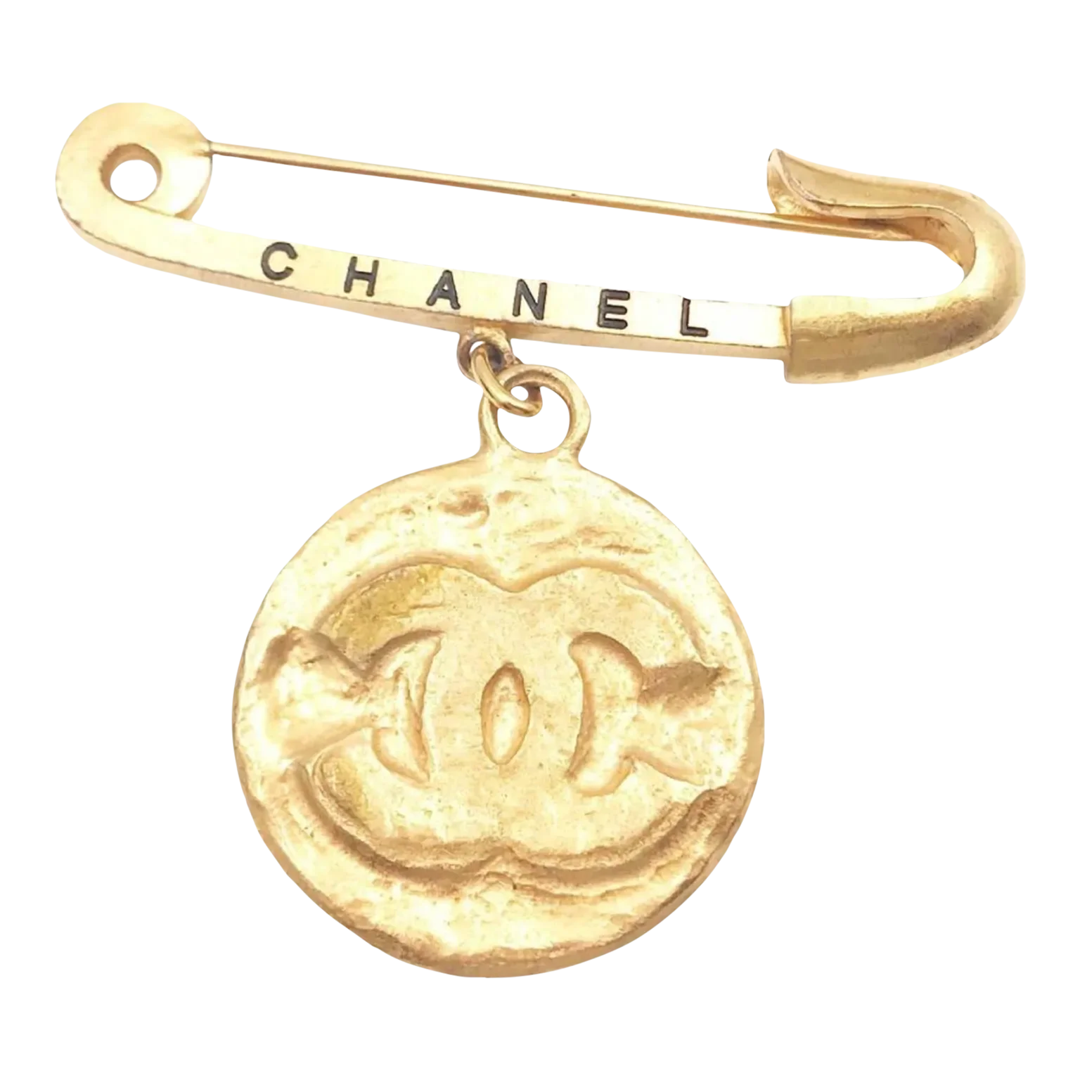 Chanel Vintage Gold Plated Medallion Coin Safety Pin Brooch | Chairish