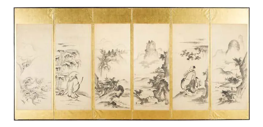 Japanese Edo Six-Panel Haboku Landscapes of Seasons | Chairish