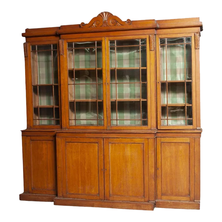 Tall English Oak Breakfront Bookcase With Glass Doors | Chairish