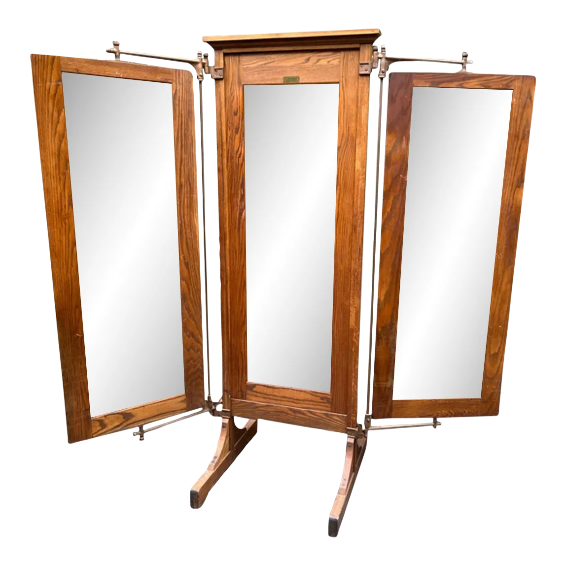 1900s Architectural Industrial Oak & Iron Trifold Mirror | Chairish