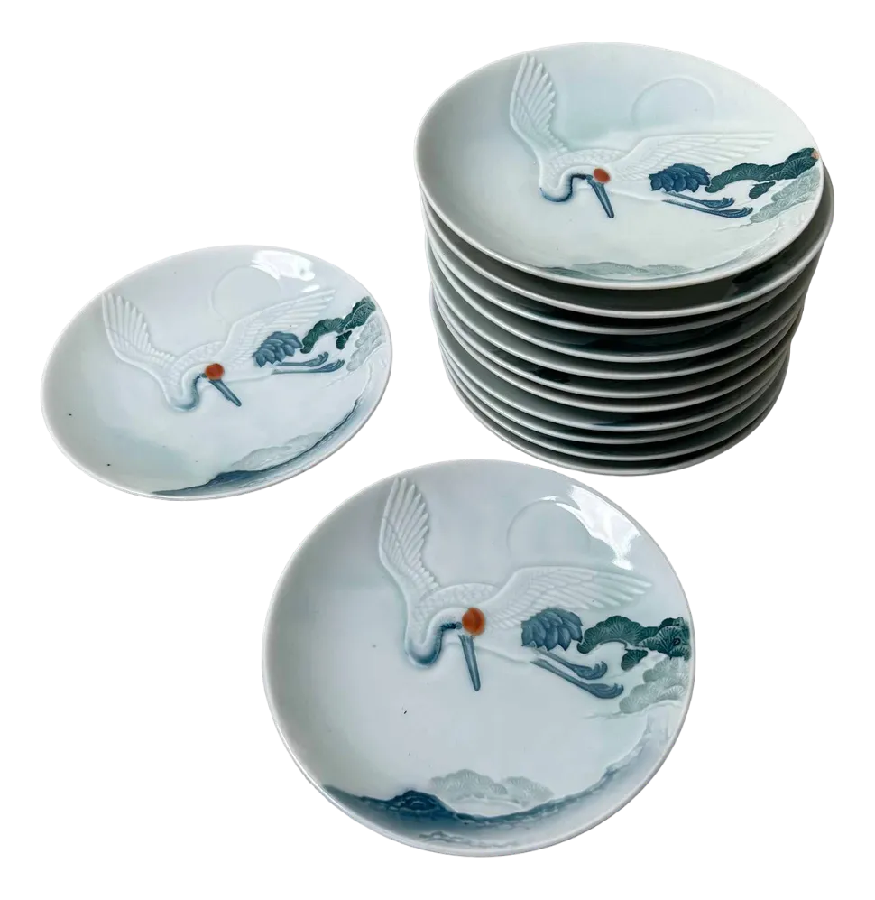 Japanese Porcelain Plates with Crane Decor, 1938, Set of 10 | Chairish