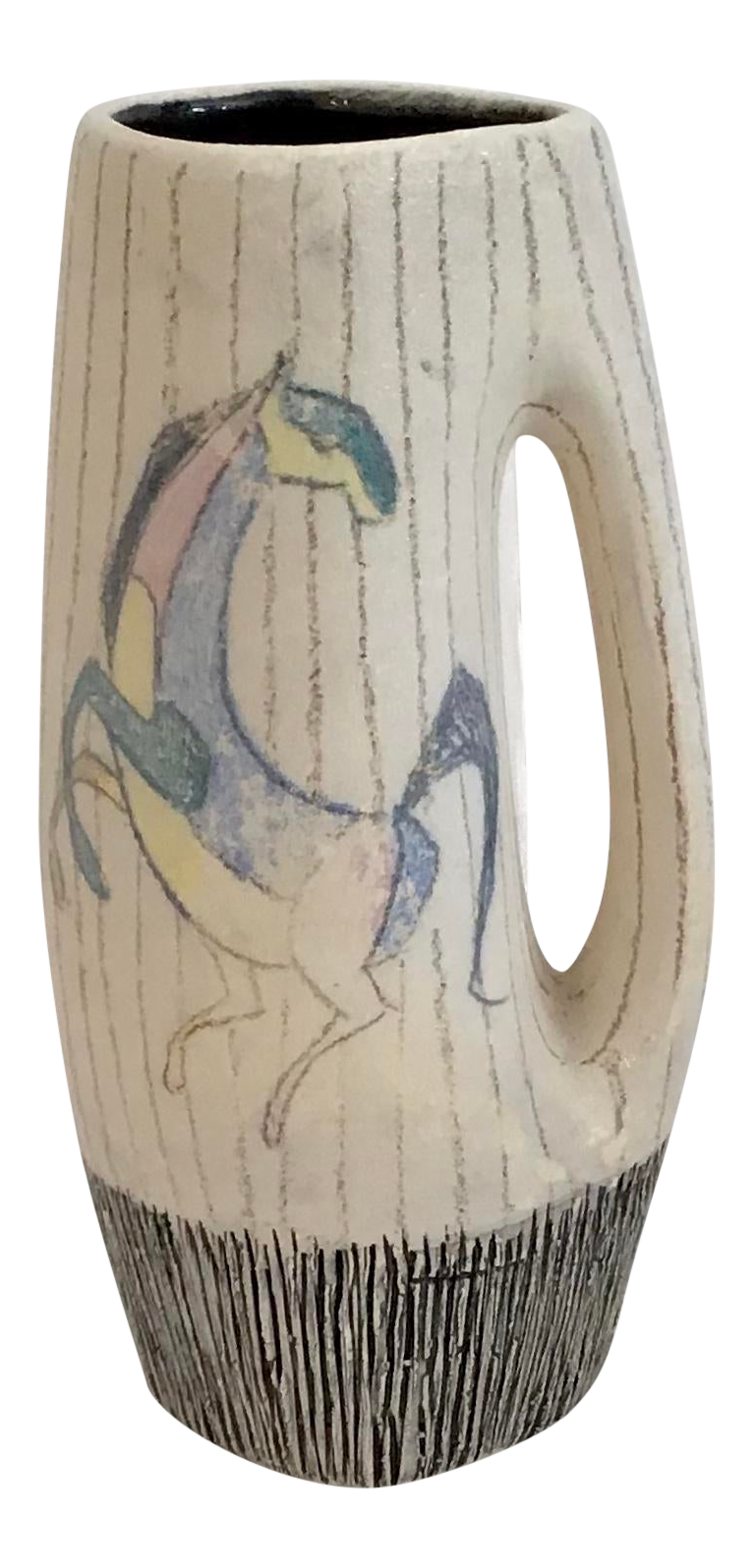 Mid-Century Cream Pottery Vase With Horse | Chairish