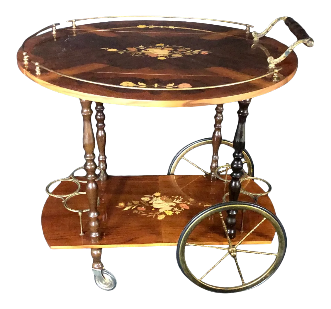 Italian Marquetry Lacquered Drop Leaf Walnut and Brass Bar Cart | Chairish