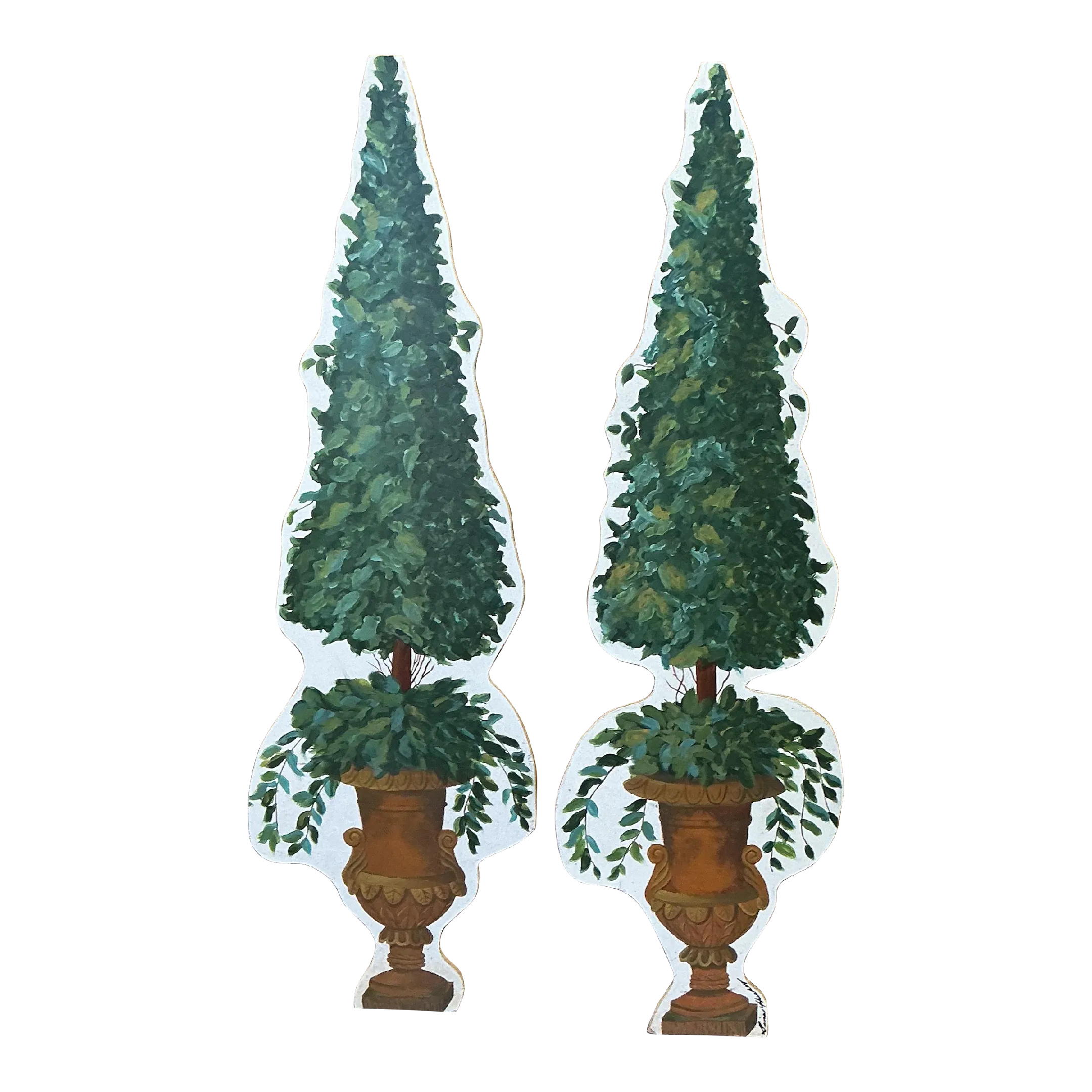 20th-C. Hand Painted French Style Trompe L’oeil Topiaries Wood Wall Art ...