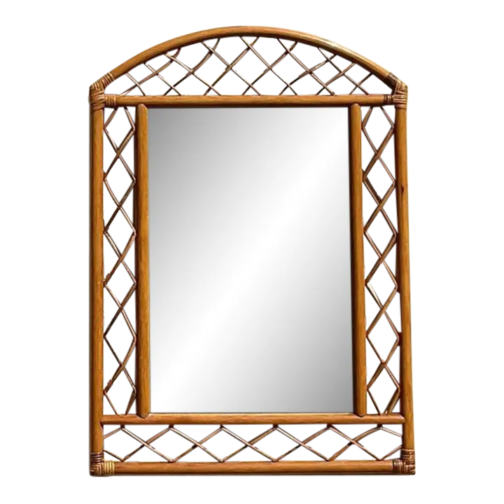 Vintage Coastal Arched Rattan Trellis Wall Mirror | Chairish