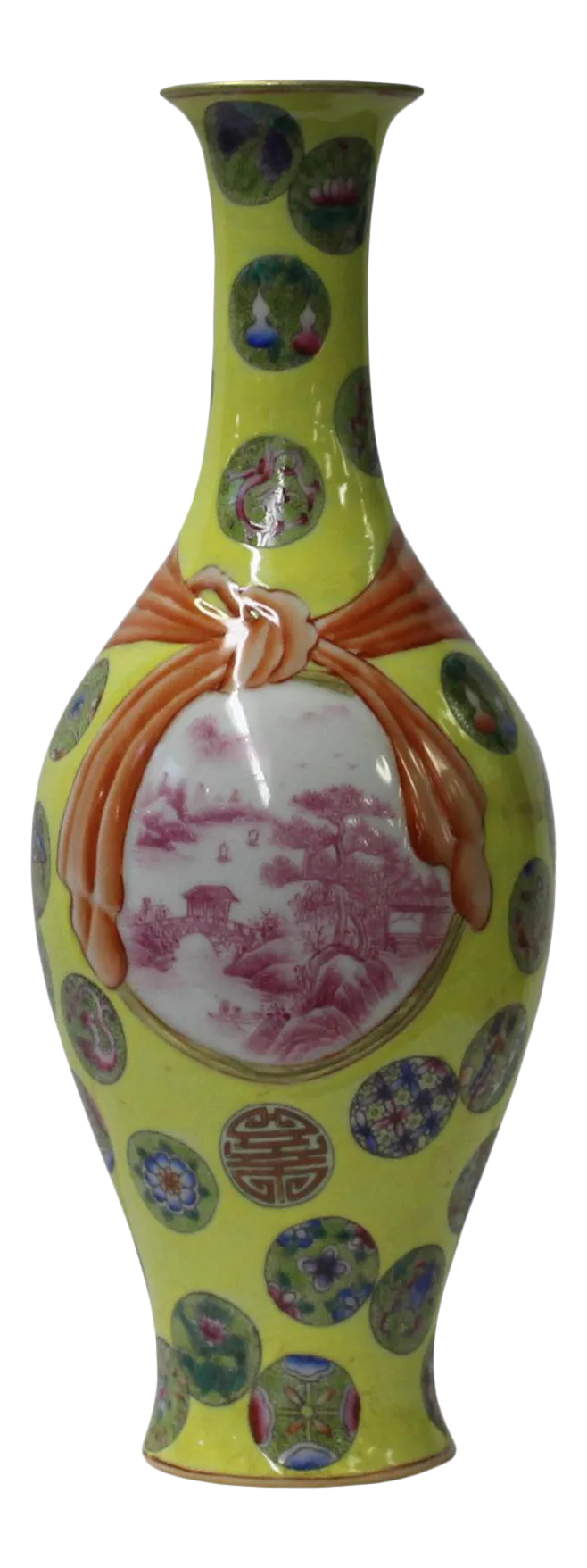 Chinese Yellow Color Ceramic Oriental Scenery Pattern Vase | Chairish