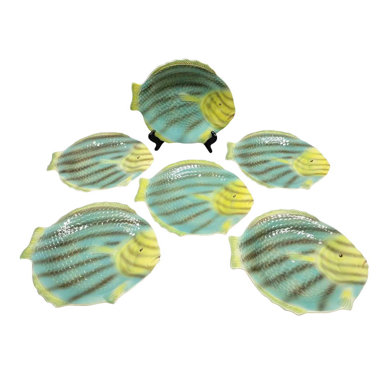 1930's English Aqua and Yellow Ceramic Fish Plates - Set of 6 | Chairish