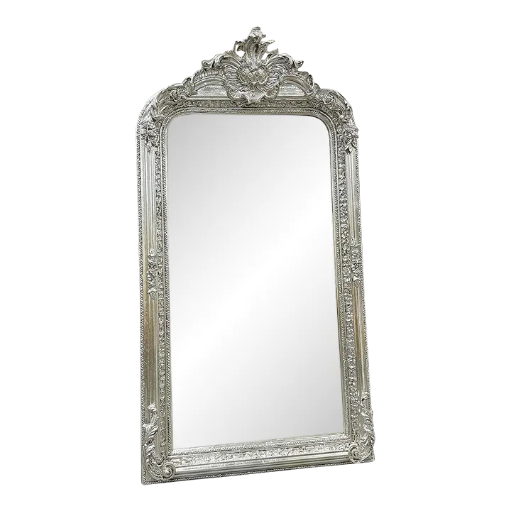 French Style Silver Mirror With Silver Leaf Details | Chairish