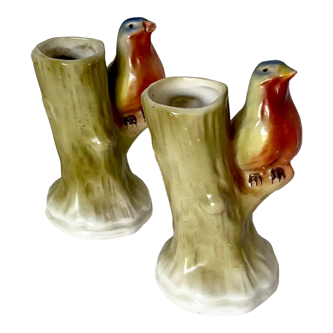 1940s Vintage Czechoslovakia Ceramic Bird on Log Double Bud Vases- a ...