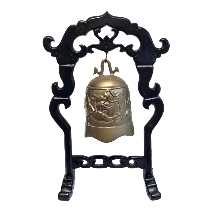 Vintage Chinese Cast Brass Dragon Temple Bell on Carved Dark Brown ...