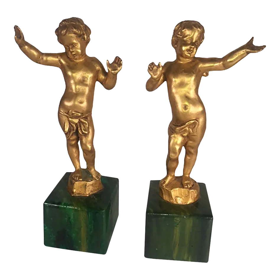 Gilded Italian Putti on Green Glass Bases - a Pair | Chairish