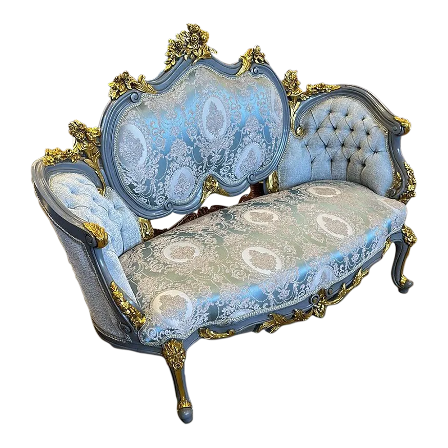 French Rococo Style Tufted Sky Blue Settee | Chairish