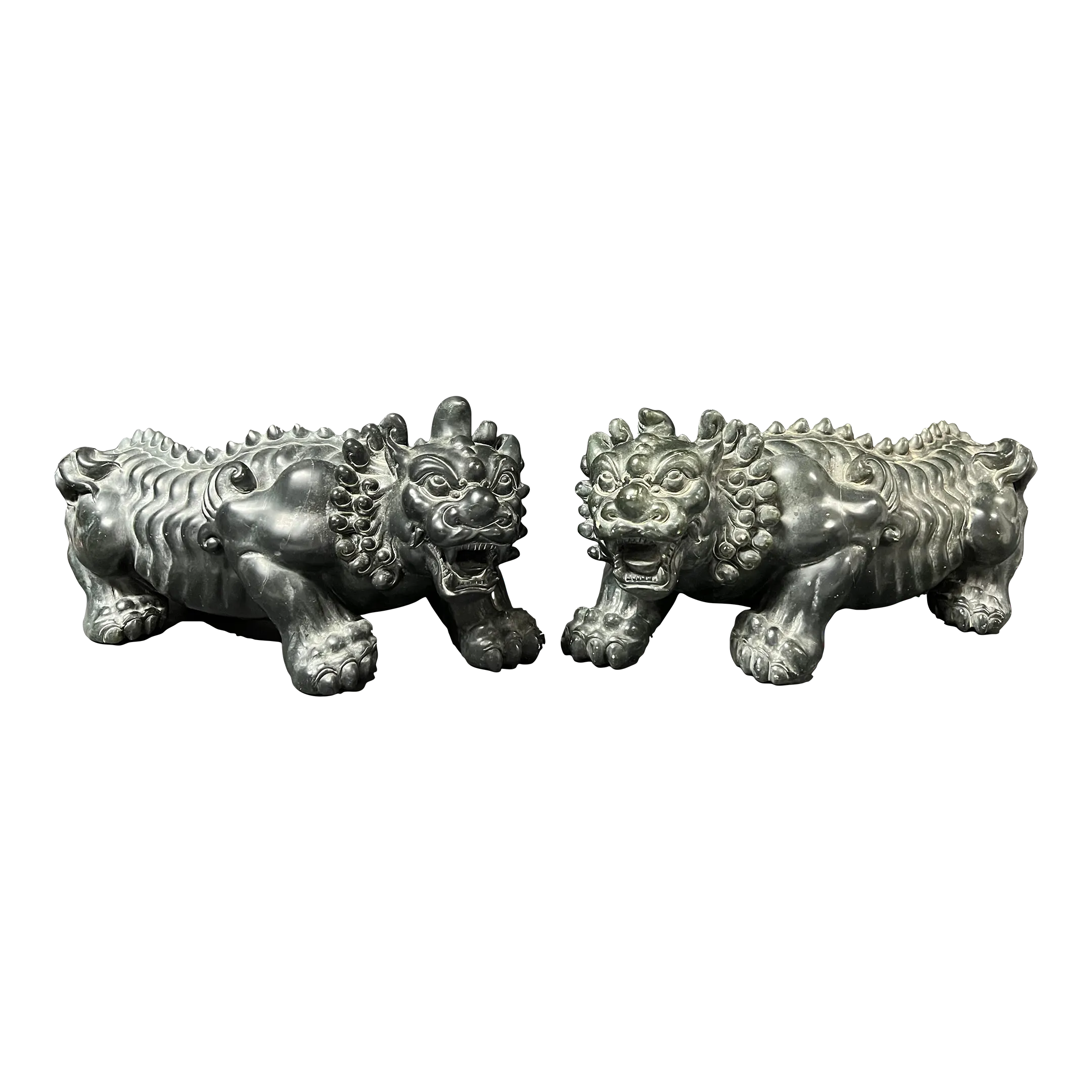 Late 20th Century Chinese Art Pair of Carved Dark Green Soapstone Pi ...