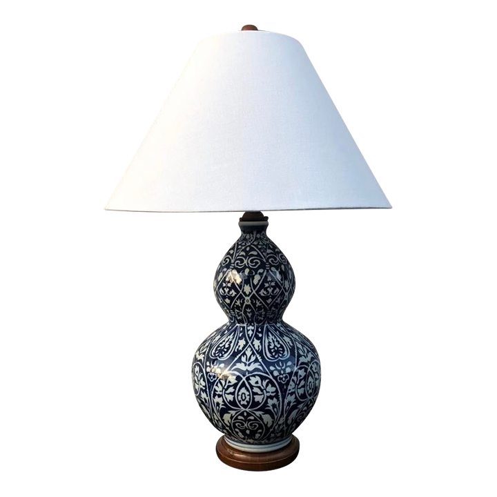 Ralph Lauren Cobalt Blue and White Double Gourd Lamp With Wood Fittings ...