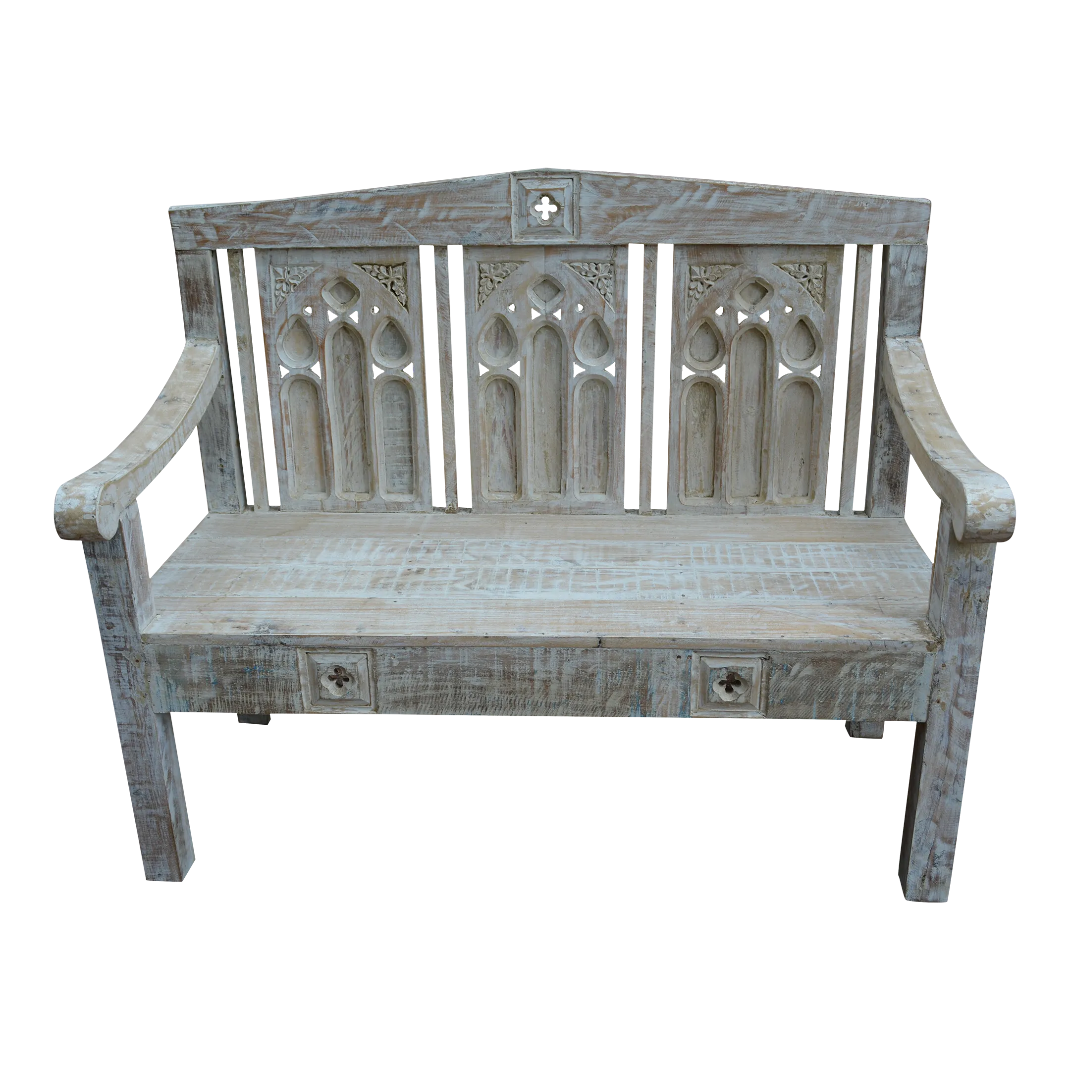 Gothic White Washed Wooden Bench Arched Carvings Mexico Hand Crafted ...
