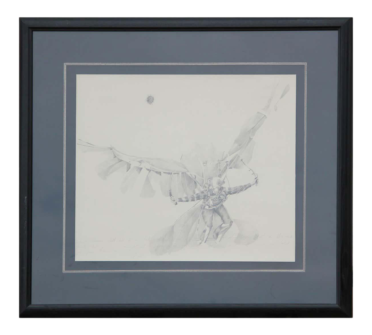 1978 Realistic Pencil Drawing of Man Using a Flying Contraption From ...