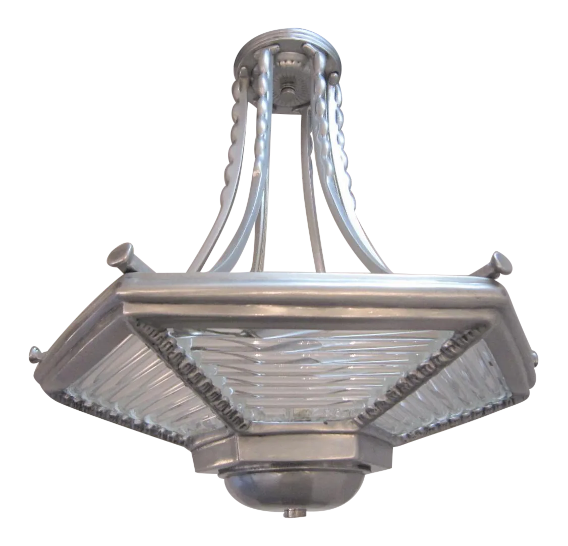 Small Art Deco Six Sided Glass and Aluminum Chandelier | Chairish