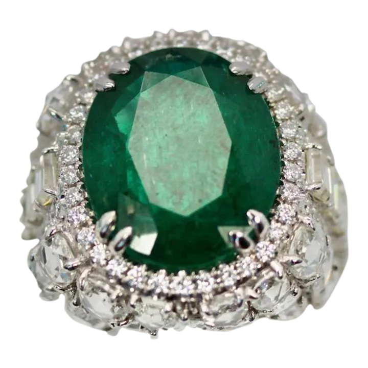 Oval Emerald 12.25 Carat Diamond Surround Ring Size 8 | Chairish