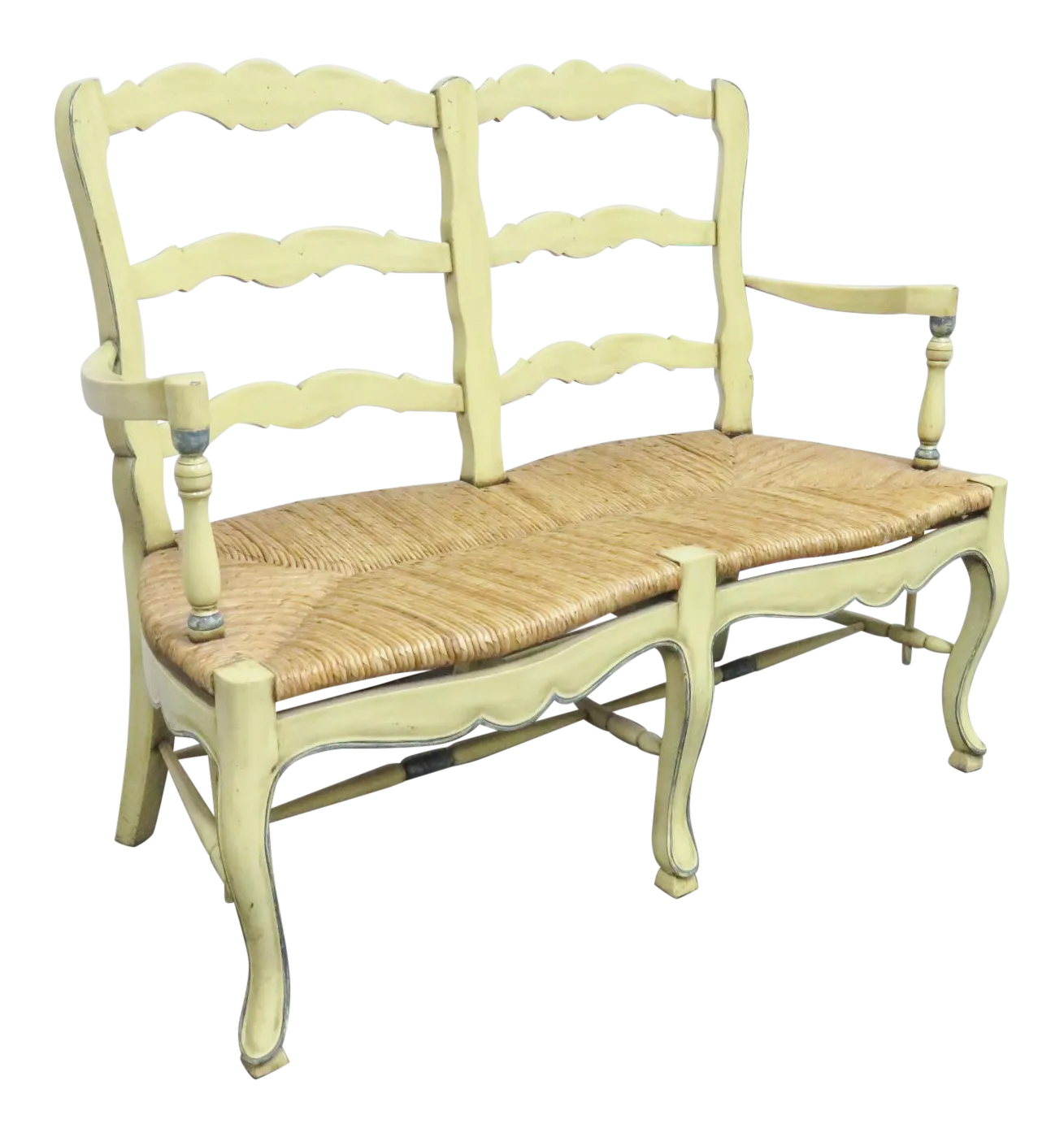 Country French Yellow Painted Rush Seat Settee | Chairish