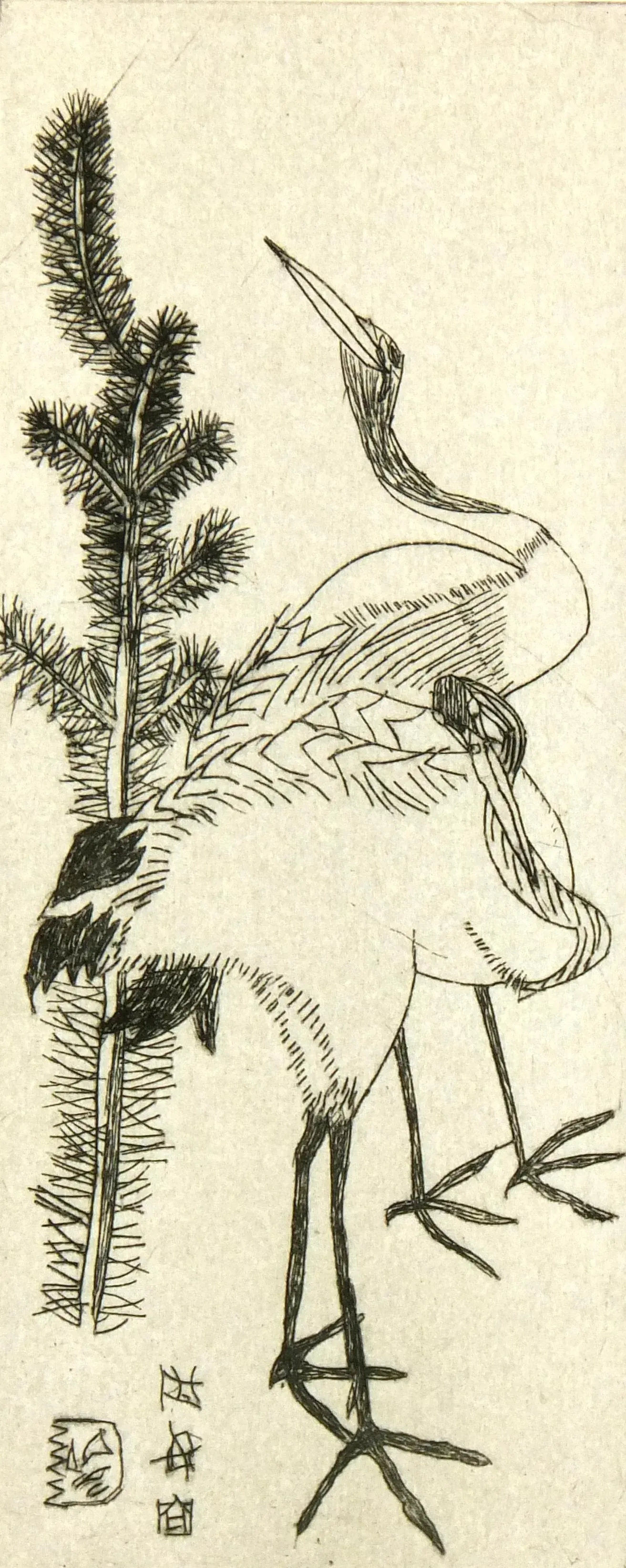Stork Etching on White Mat with Gold Border | Chairish