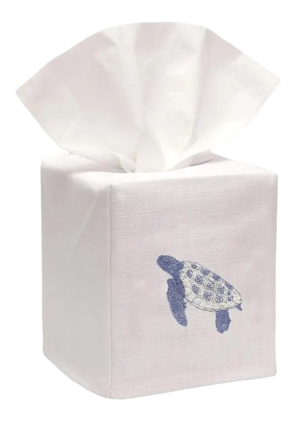 Blue Sea Turtle Tissue Box Cover in White Linen & Cotton, Embroidered ...