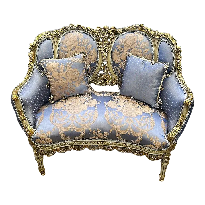 Rococo Style Blue Sofa With Gold Details and Pillows | Chairish