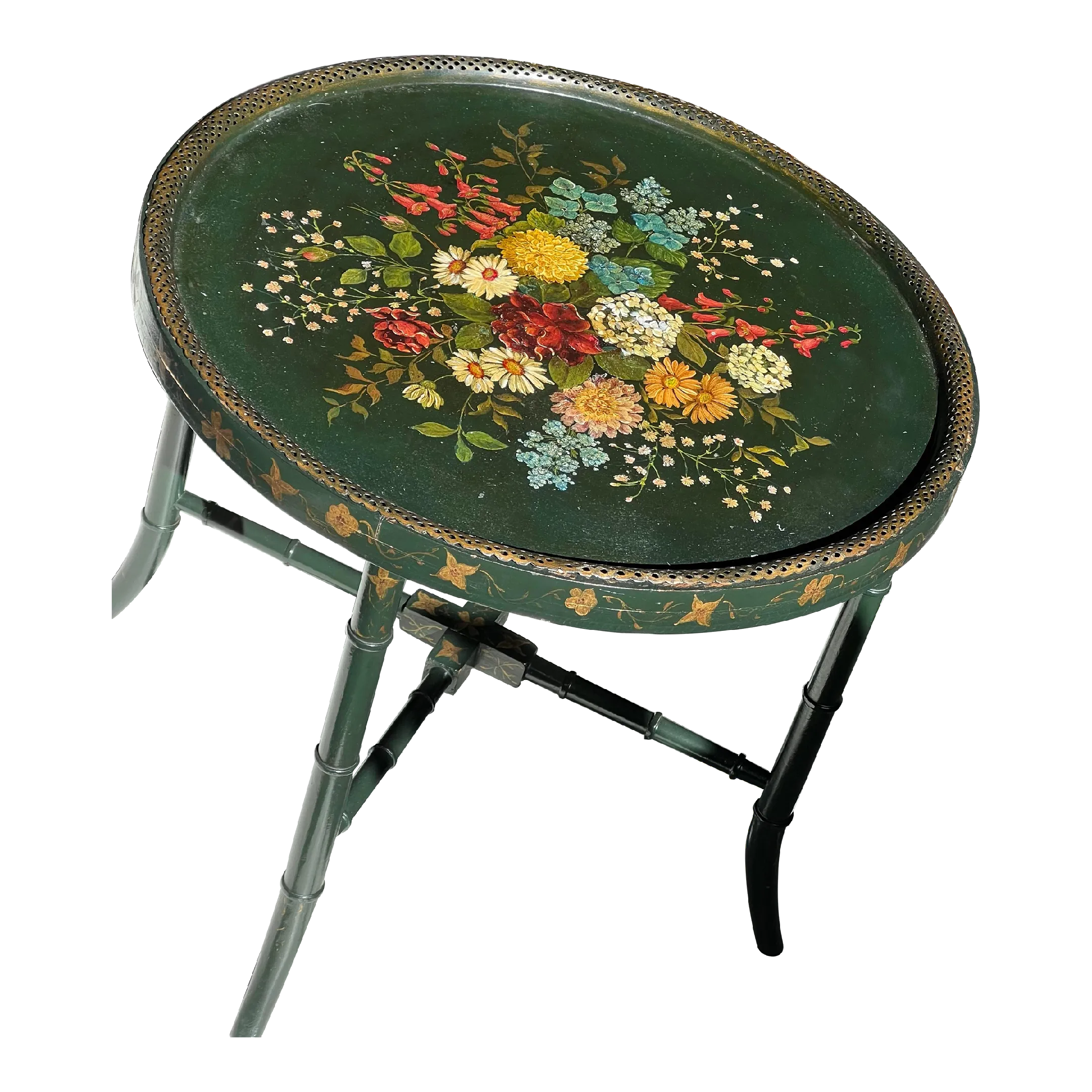 19'th C. Hand Painted Flower Tole Tray Table | Chairish