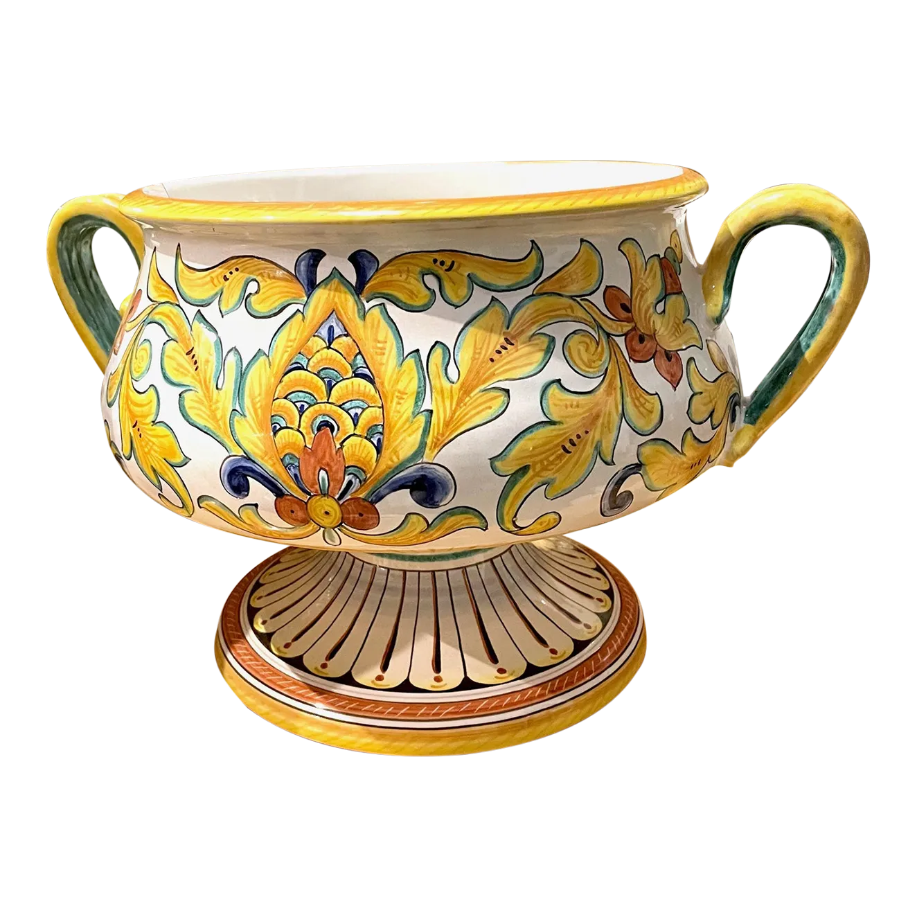 Italian Round Ceramic Centerpiece With Handles and Pedestal | Chairish