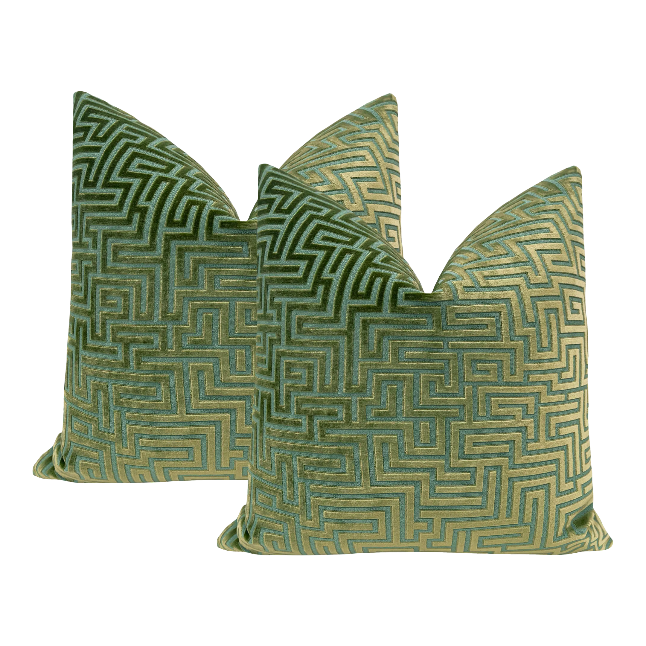 22" Olive Jade Labyrinth Cut Velvet Pillows - a Pair | Chairish