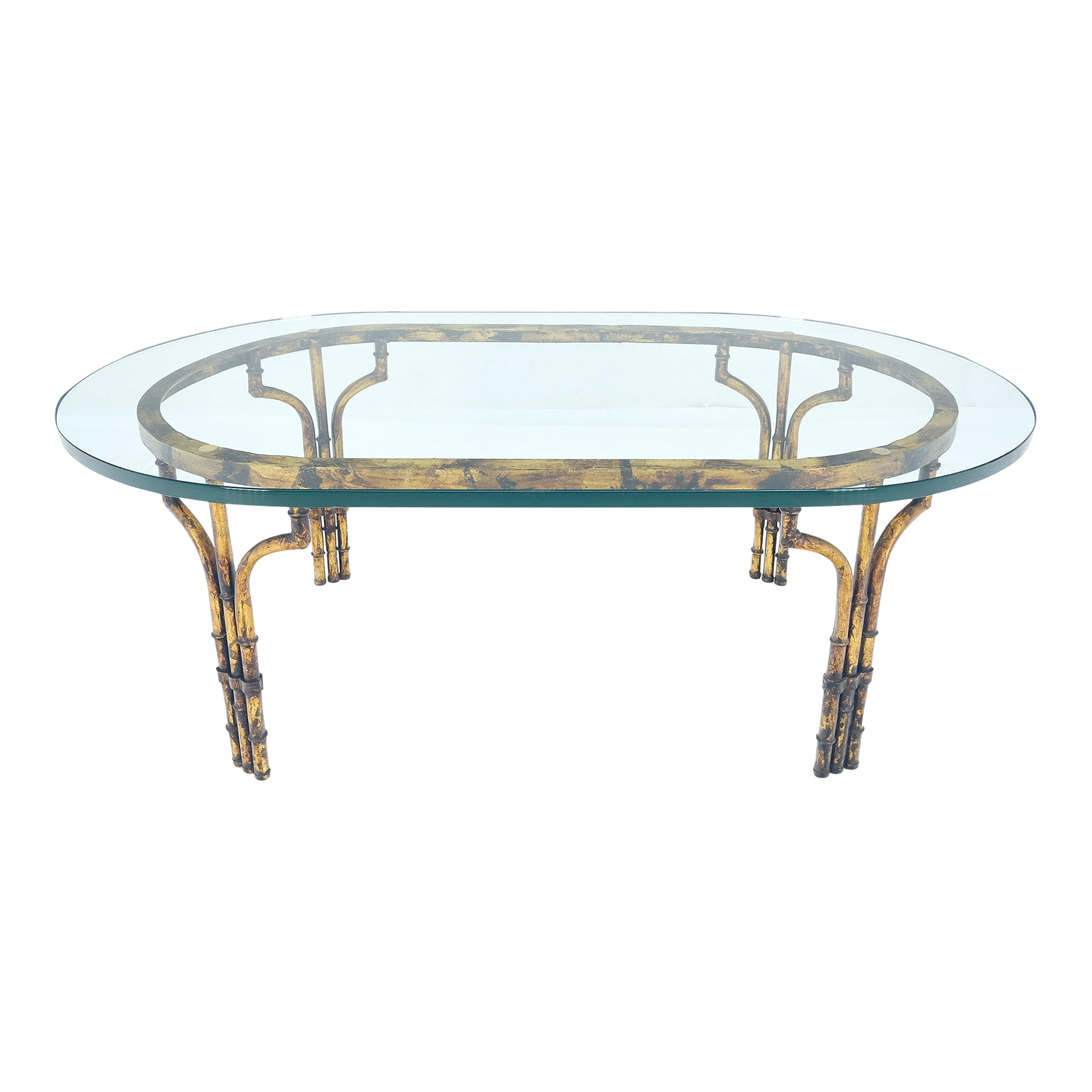 Faux Metal Bamboo Base Racetrack Oval 3/4" Thick Glass Top Coffee Table ...