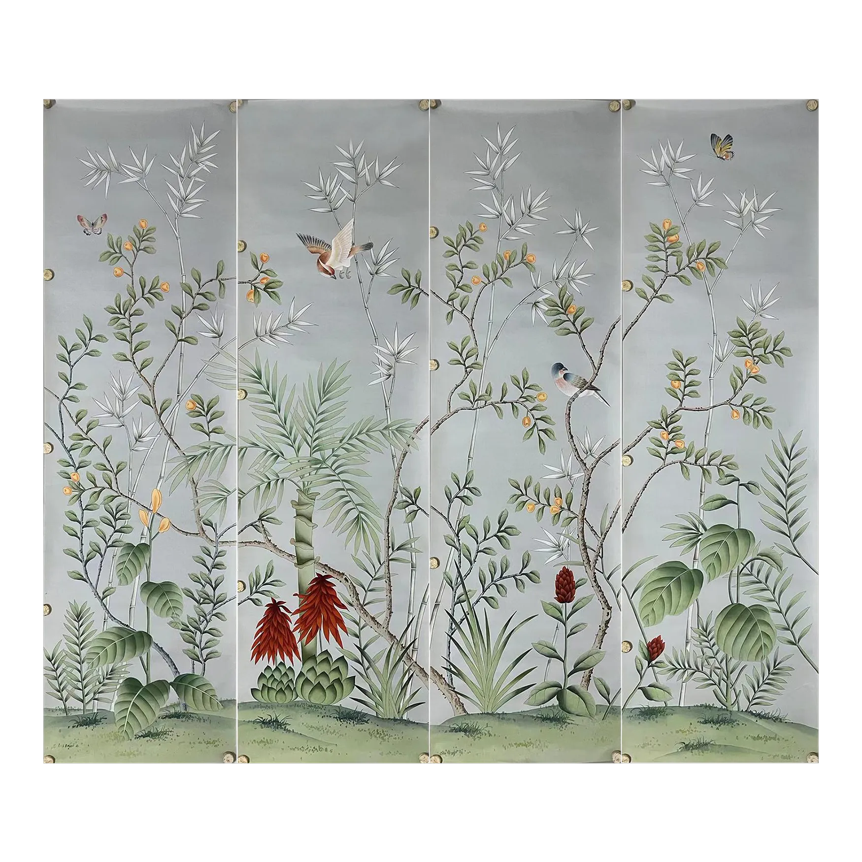 Chinoiserie Mural Hand Painted Wallpaper on Silk Panels - 4 Panels ...