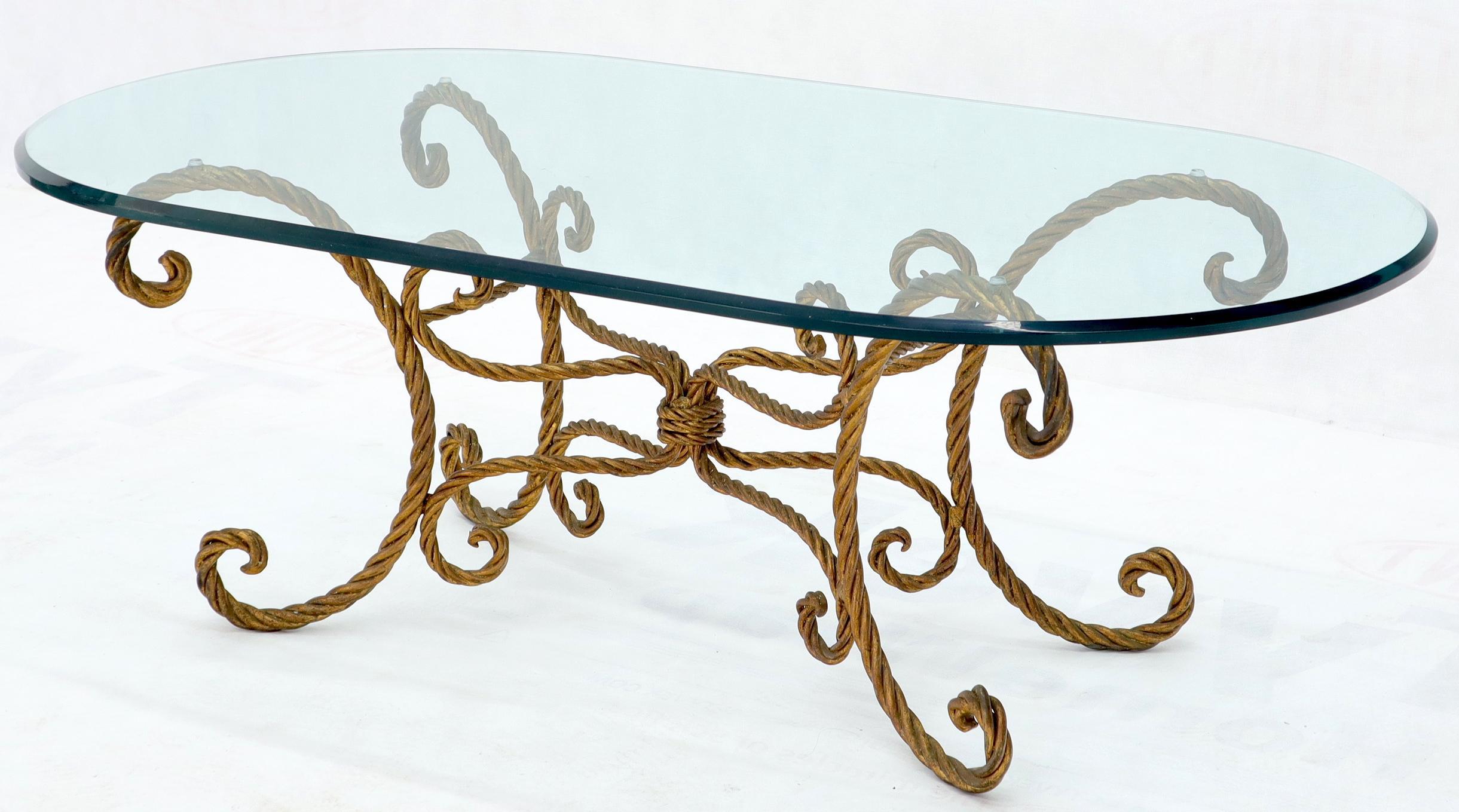 Twisted Wrought Iron Rope Gold Gilt Base Oval Racetrack Glass Top Coffee Table