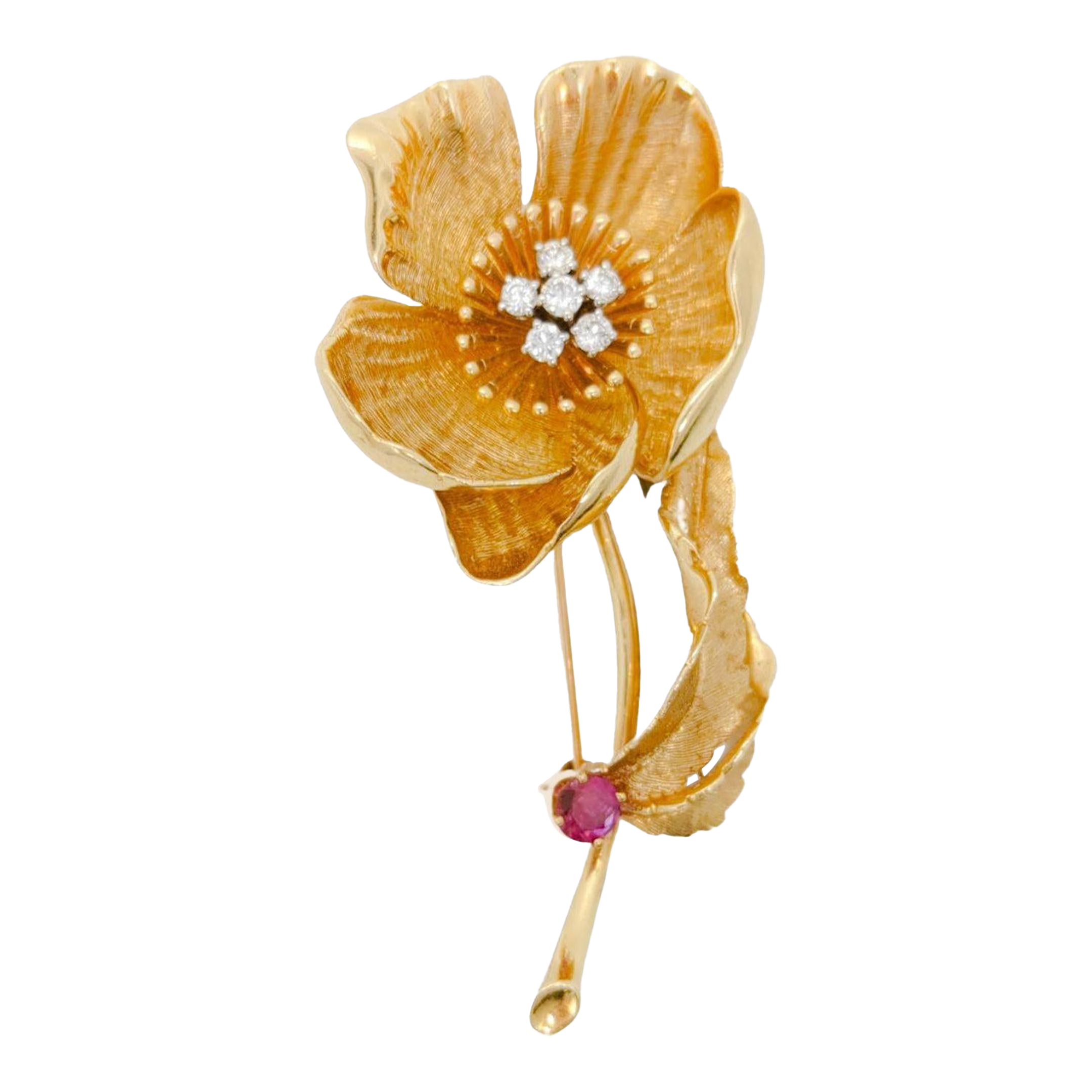 Ruby and Diamond Flower Brooch in 14Karat Yellow Gold | Chairish