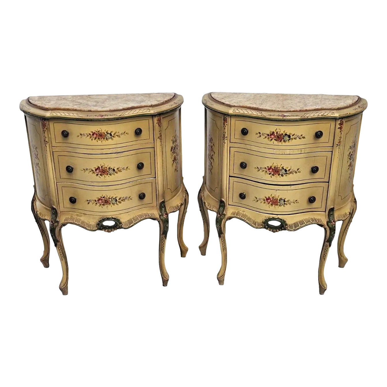 Pair 1940s Vintage Marble Top Hand Painted Nightstands / End Tables ...