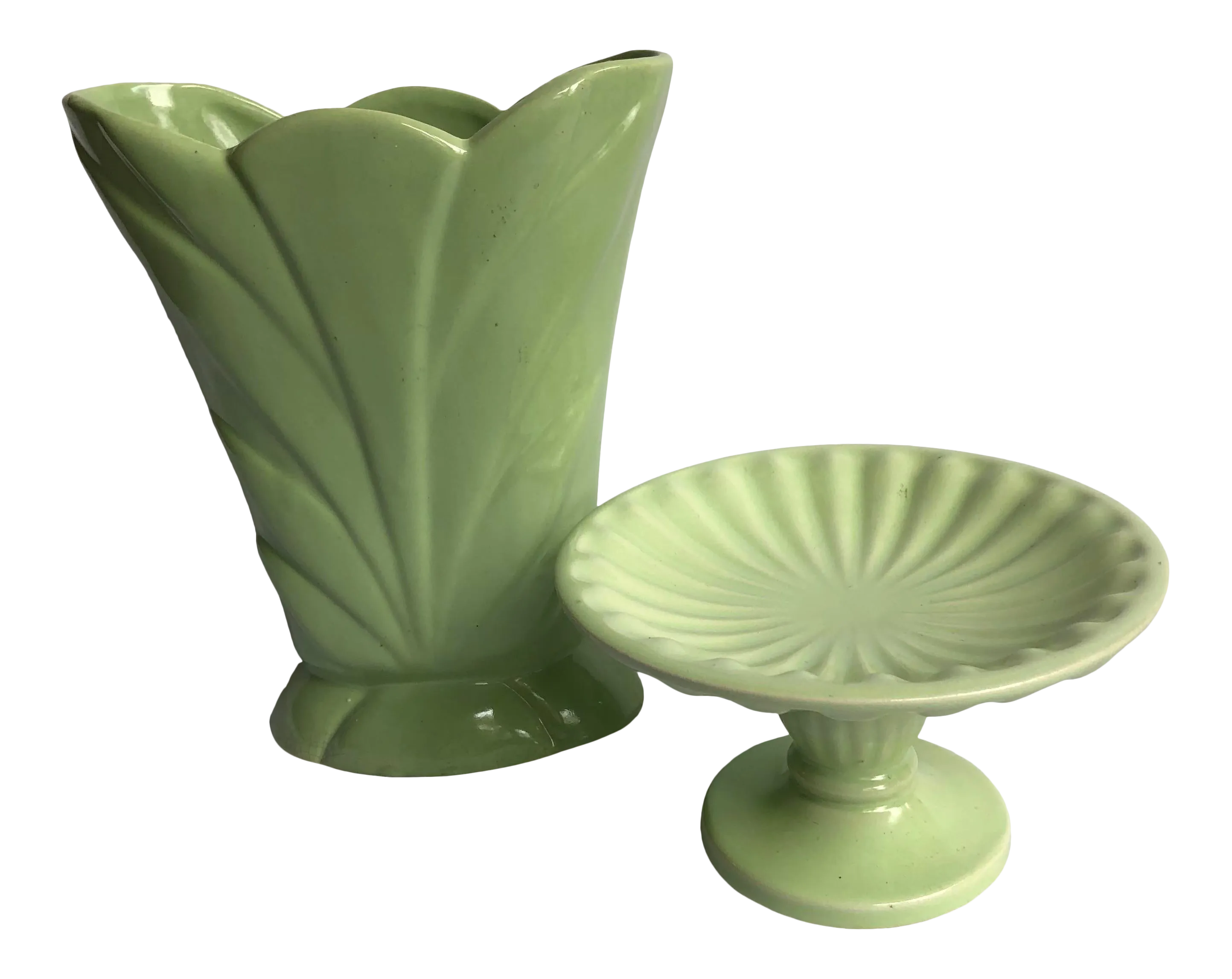 Vintage Green Pottery Vase and Stand - 2 Pieces | Chairish