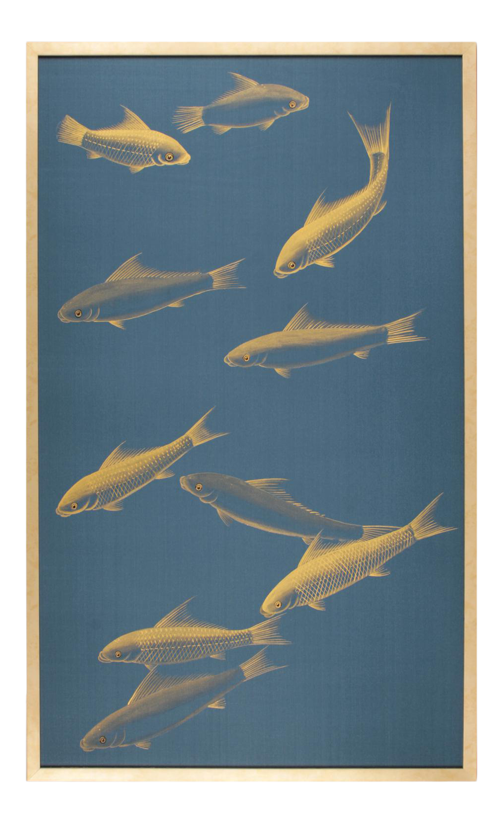 Hand-Painted Metallic Gold Fish on Blue Silk Panel Framed | Chairish