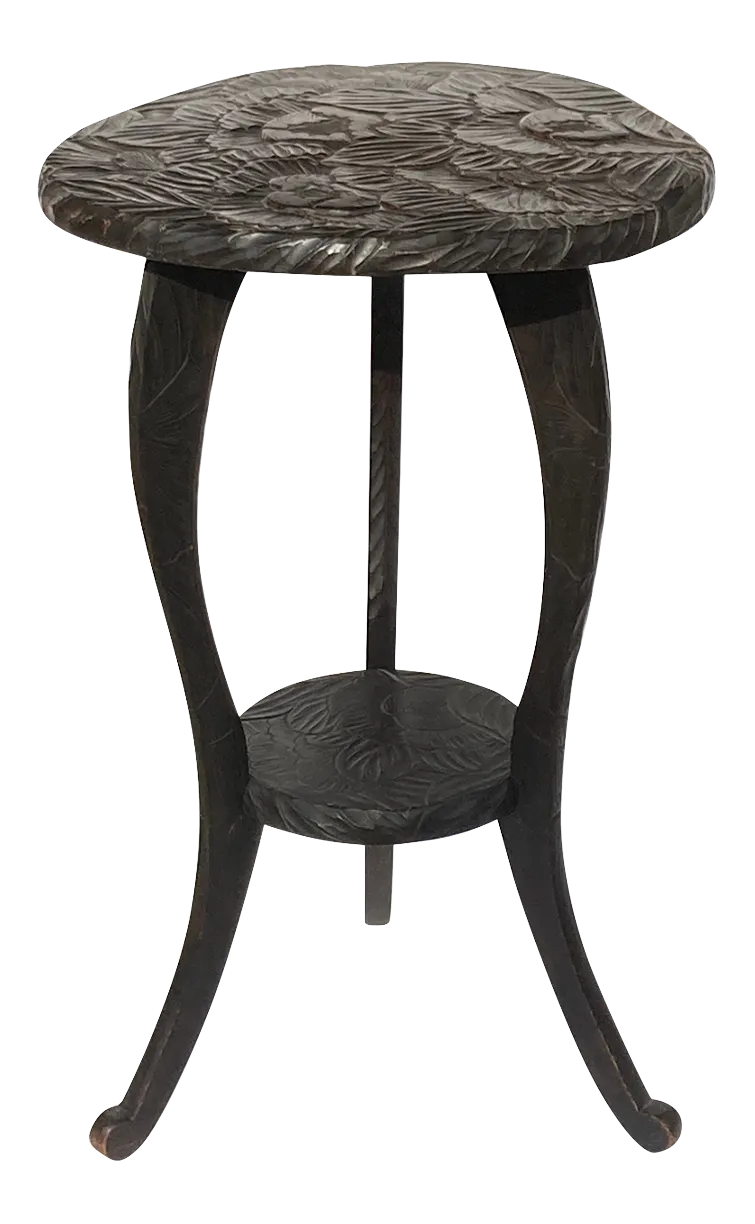 Japanese Hand Carved Floral Side Table or Plant Stand, 1905 | Chairish