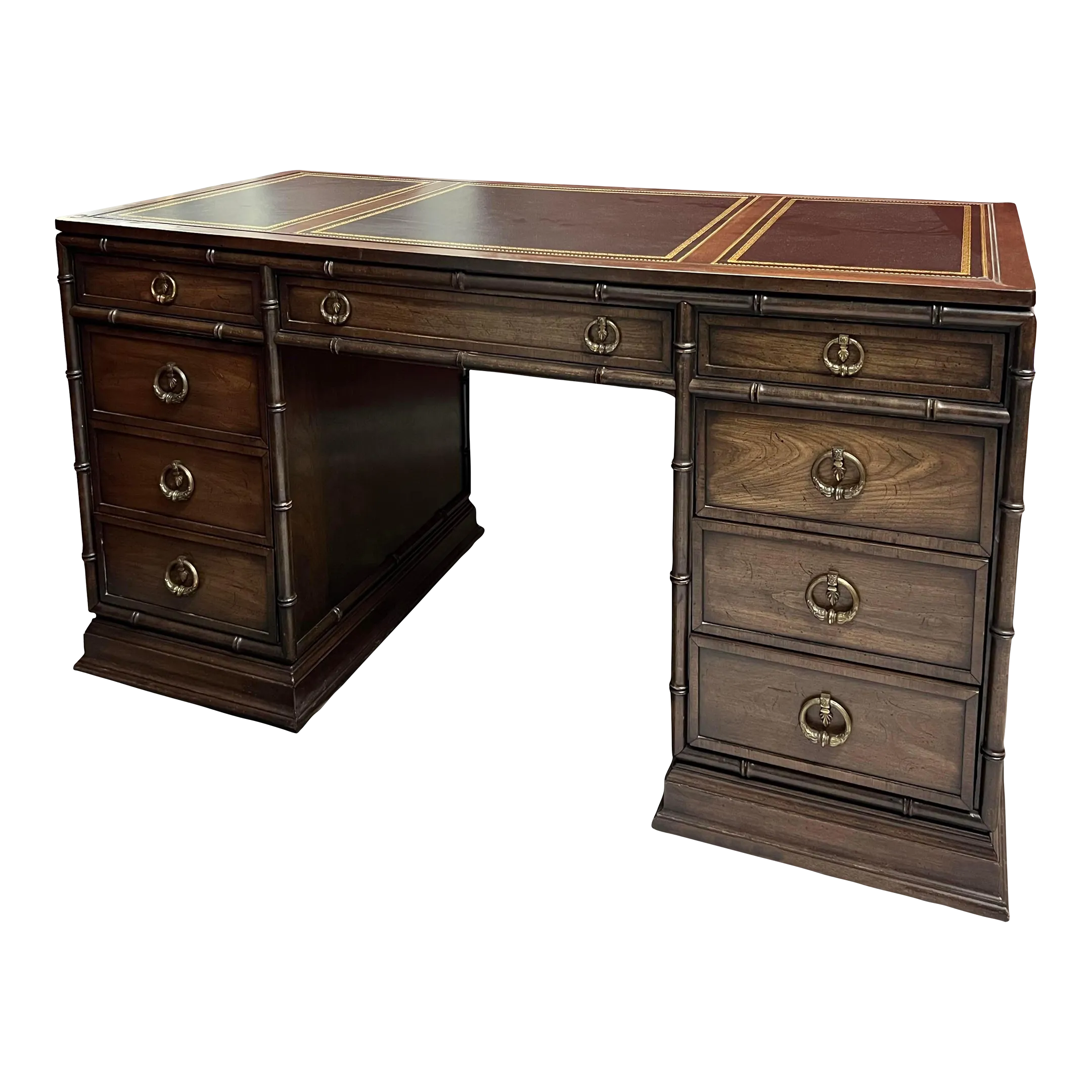 Sligh Furniture Faux Bamboo Campaign Style Desk With Tooled Leather Top Vintage Mid 20th Century