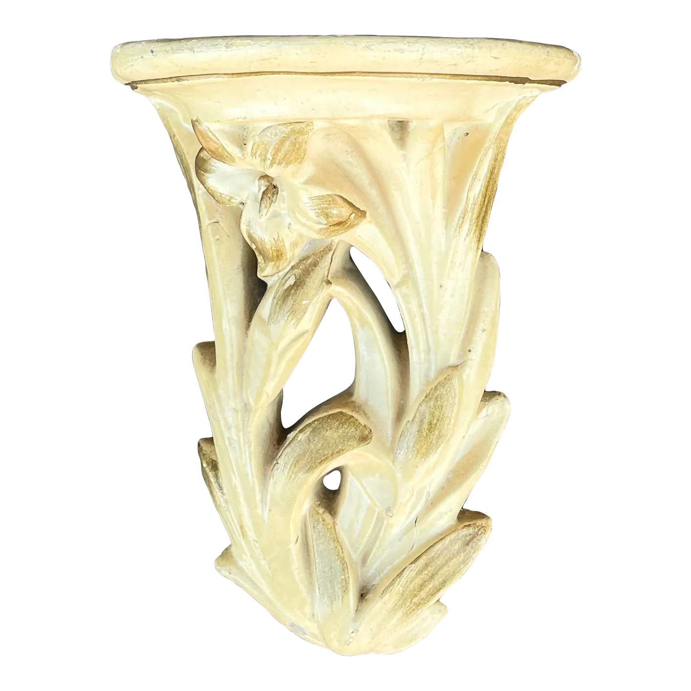 Vintage Early Chalkware Wall Hanging Shelf With Iris/Lily Motif | Chairish