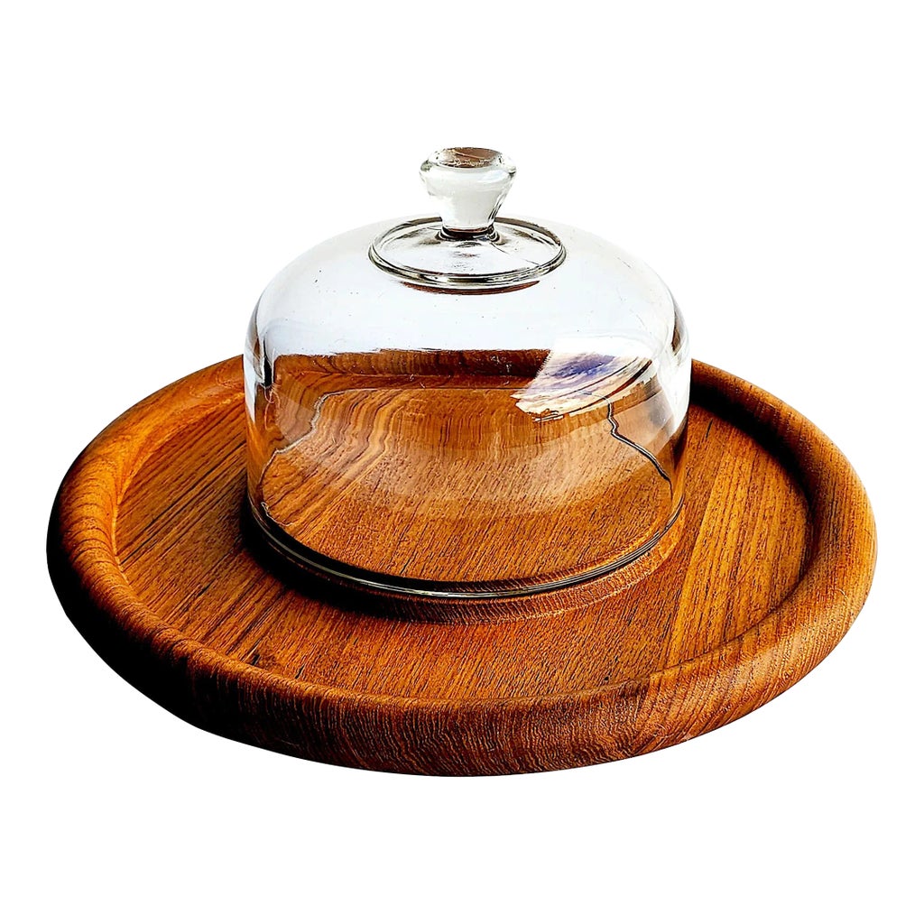 1970s Teak Wood Cheese Board With Glass Dome Cloche, 2 Piece Set | Chairish