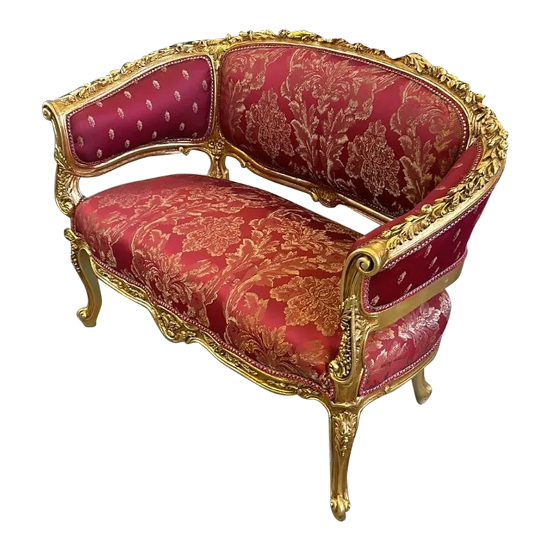 French Rococo Red Settee With Gold Details | Chairish