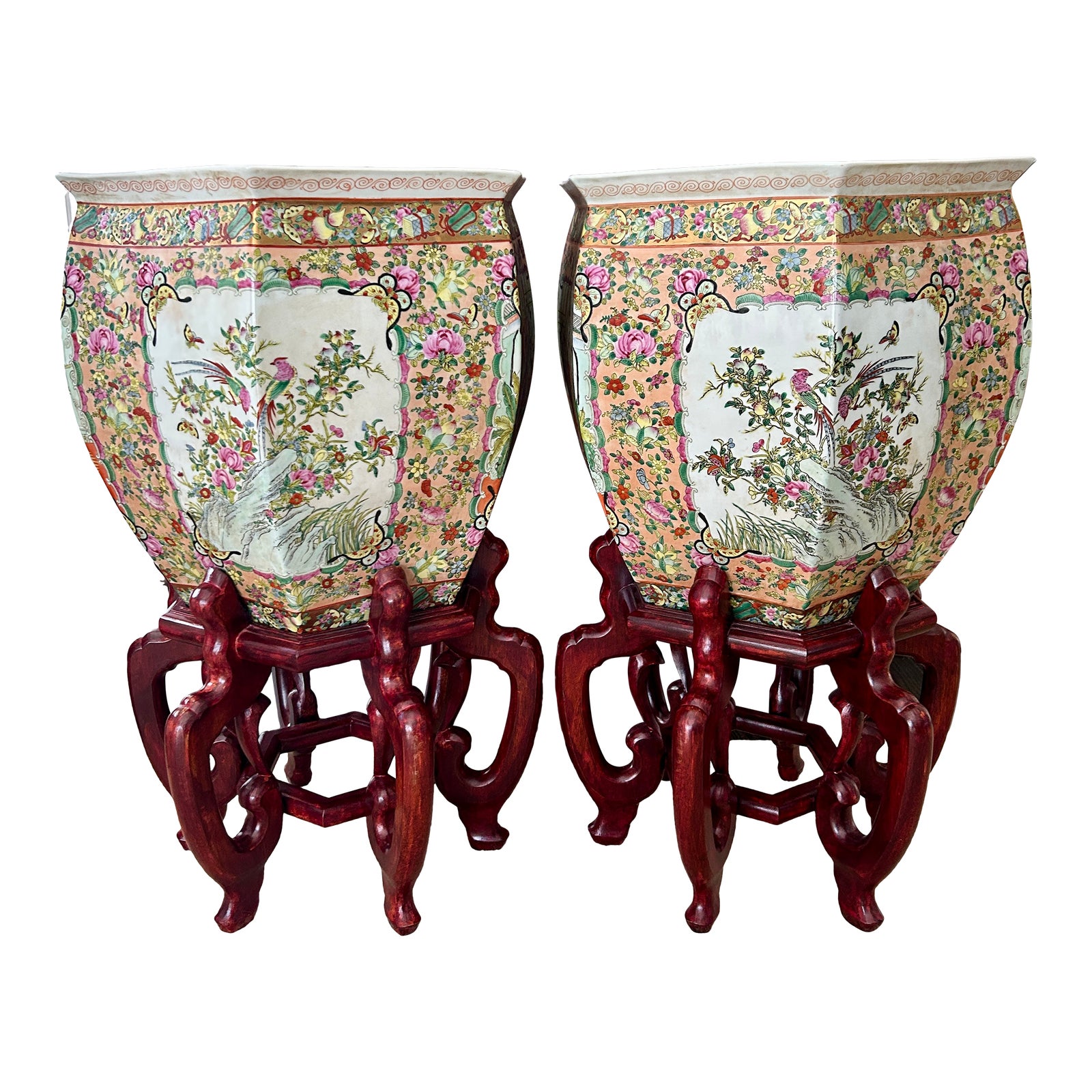 Pair Large Vintage Chinese Famille Rose Fish Bowl Planters on Stands ...