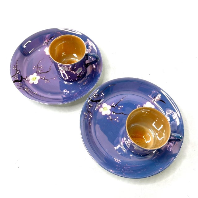 1990s Japanese Blue & Gold Lusterware Espresso Cups & Saucers with Hand ...