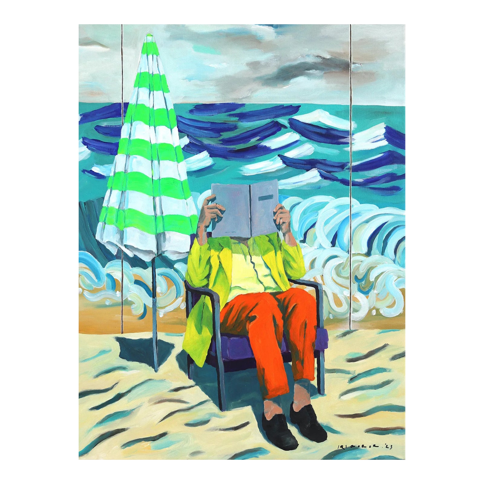 Reading Pose in Front of Three Panels - Figurative Abstract Painting ...