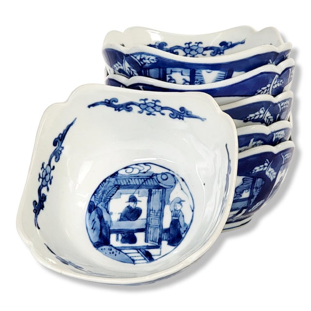 Chinese Blue & White Square Porcelain Bowls- Hand Painted Set of 6 ...