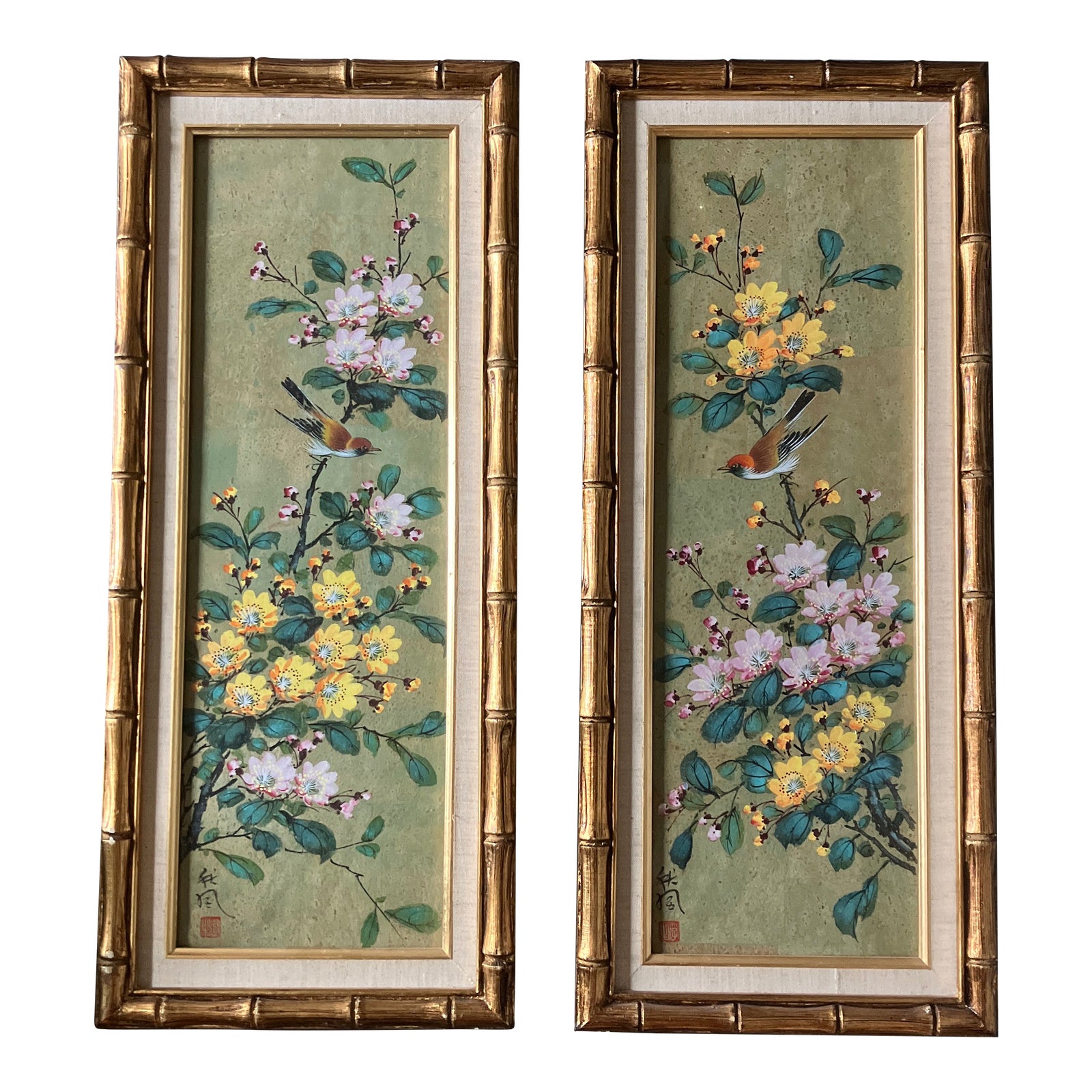 1960’s Two Original Asian Bird Paintings in Cork Faux Bamboo Frames- a ...