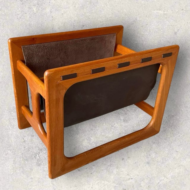 Mid Century Modern Teak Wood and Leather Danish Magazine Rack | Chairish