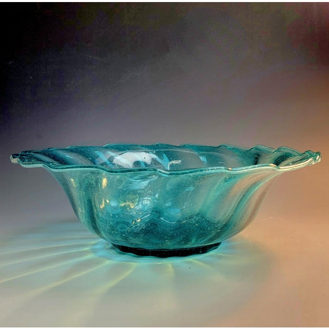 Hand Blown Teal Blue Bubble Glass Bowl Swirl Shape Chairish